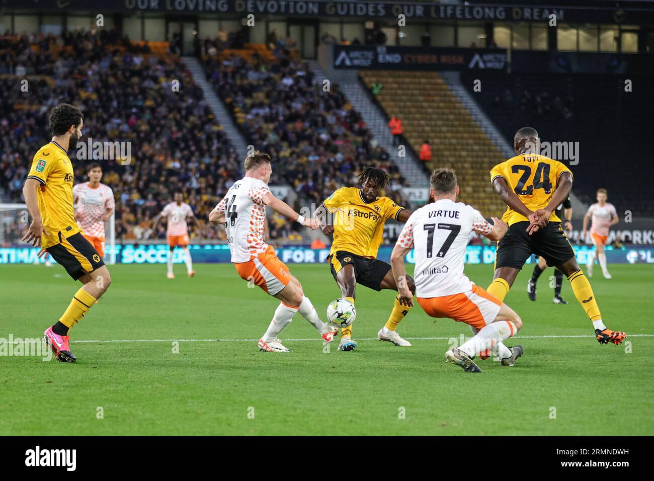 Andy Lyons #24 of Blackpool shoots on goal during the Carabao Cup match ...