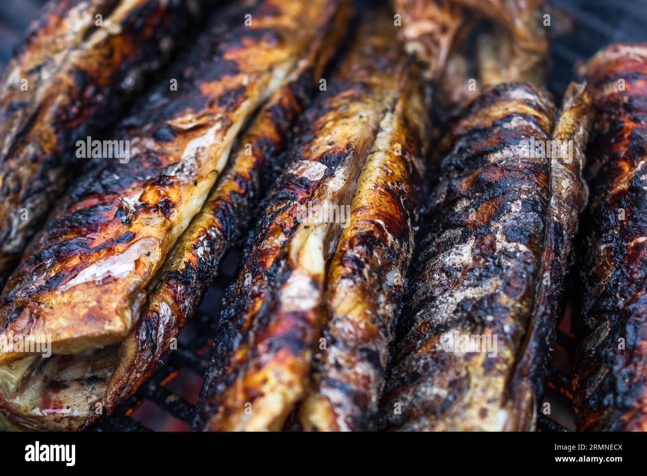 Grilled fish with smoke on a charcoal barbecue. Close up fish on the ...