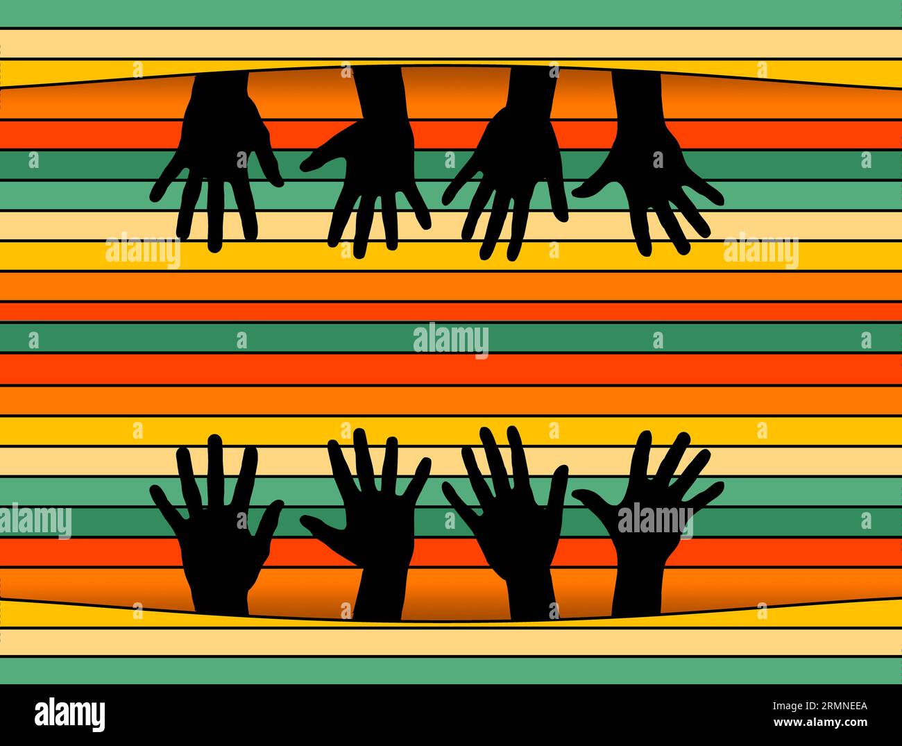 Hands emerging from a colorful background reach out in this 3-d ...