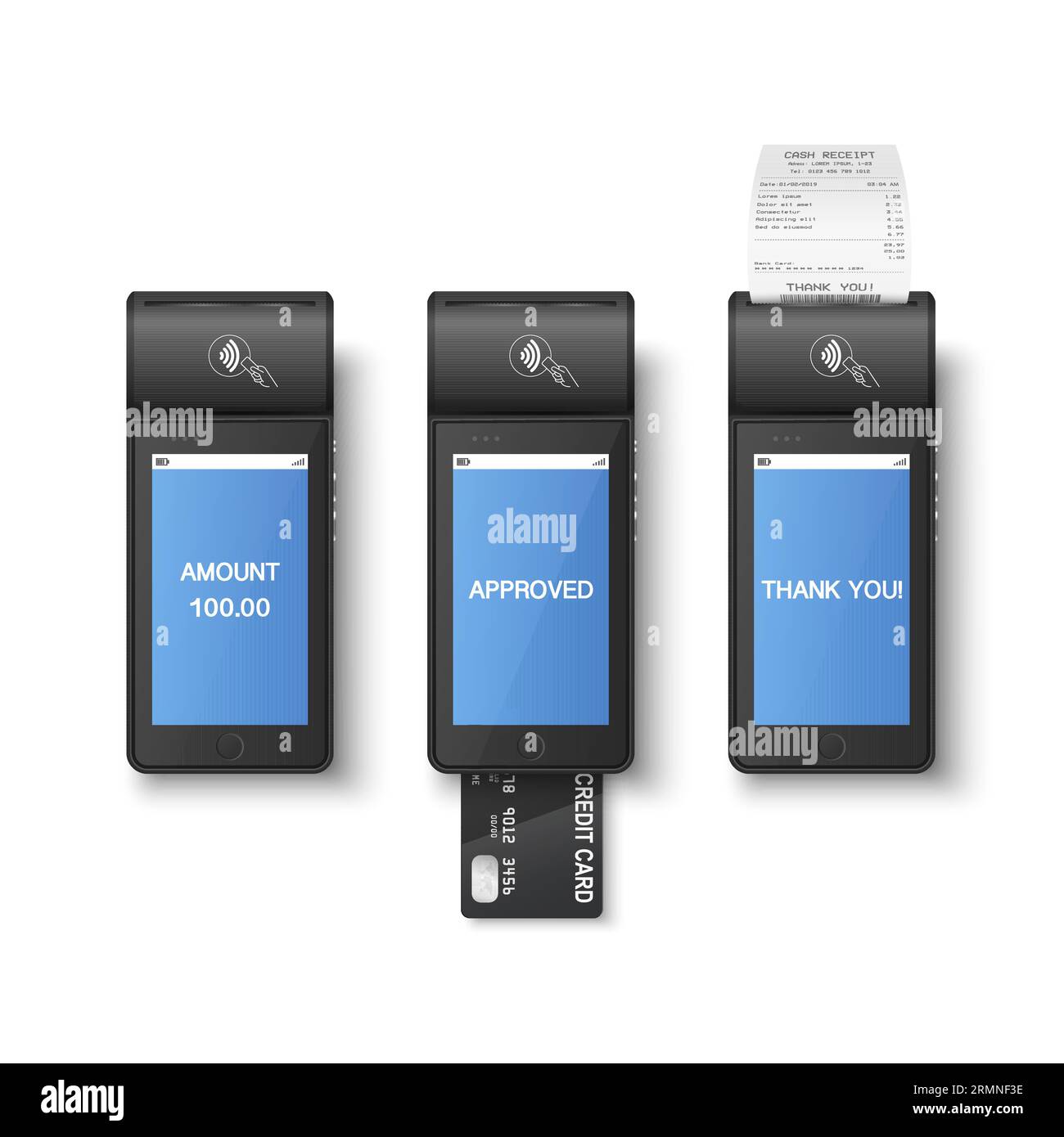 Vector 3d Black NFC Payment Machine with Approved Status and Paper Receipt, Bill, Credit Card ...