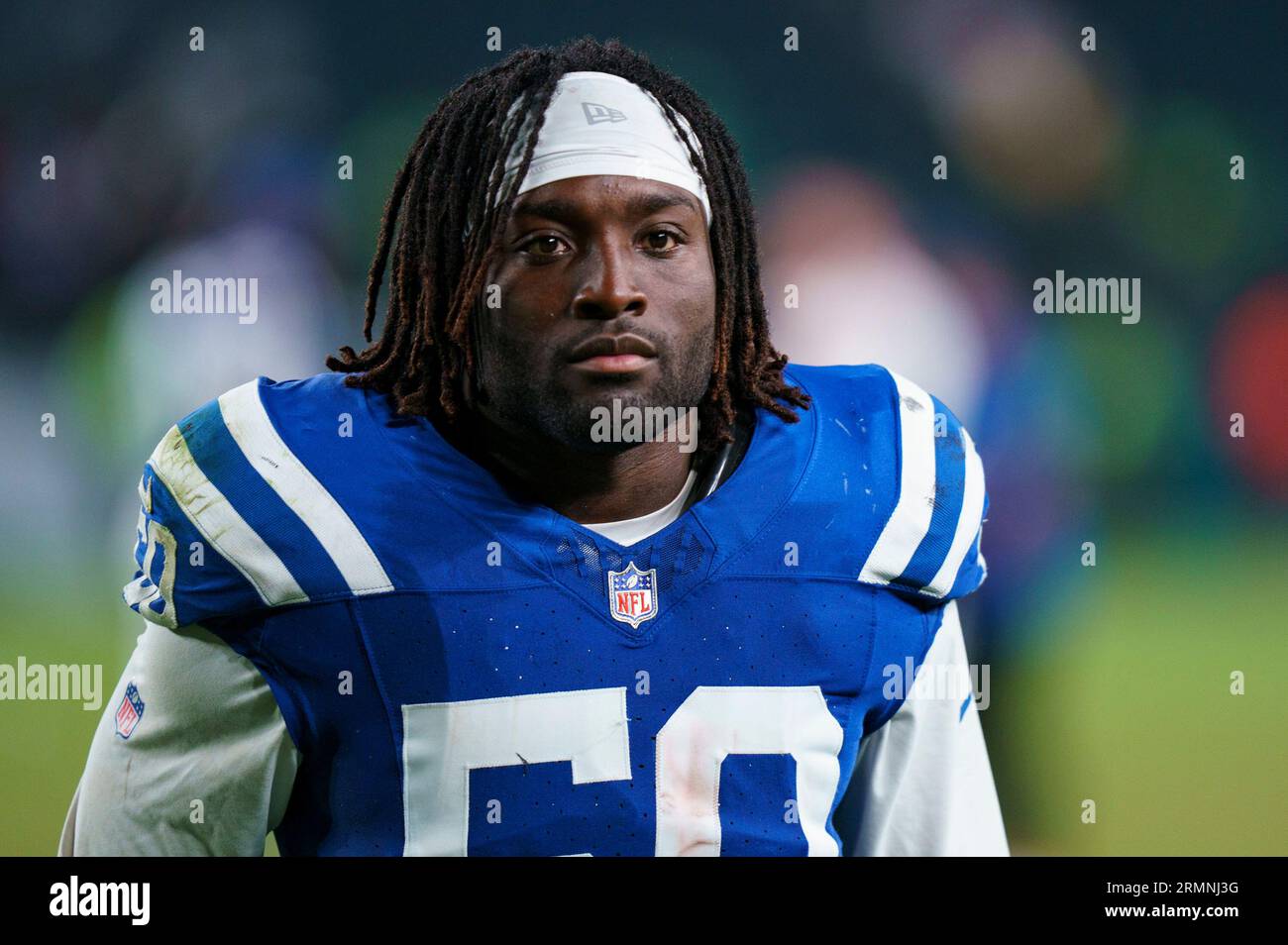 Indianapolis Colts linebacker Segun Olubi (50) looks on following the ...