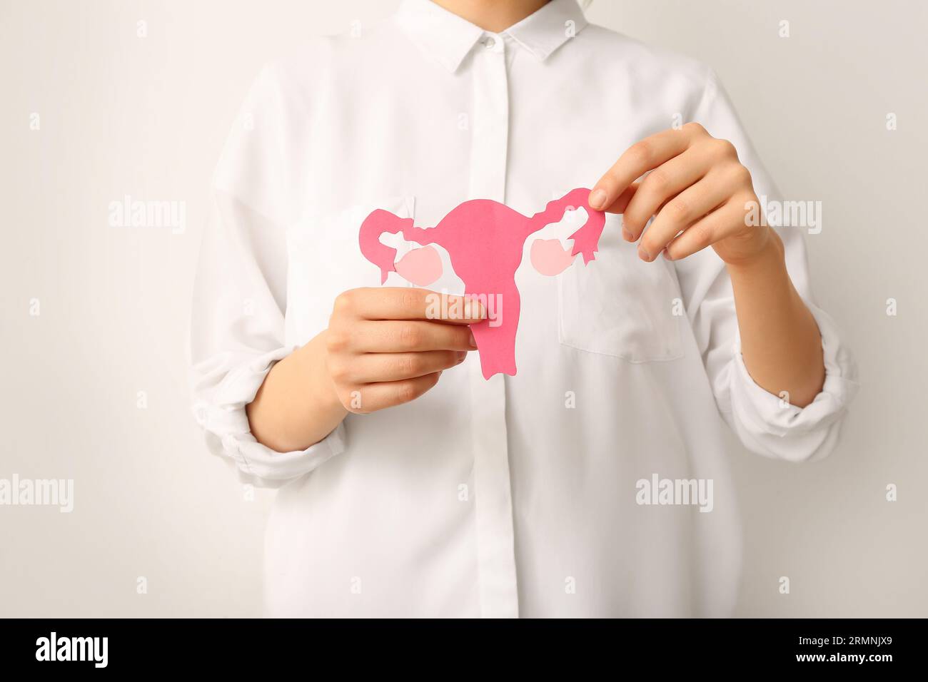 Woman with paper uterus on white background, closeup. Hormones concept ...