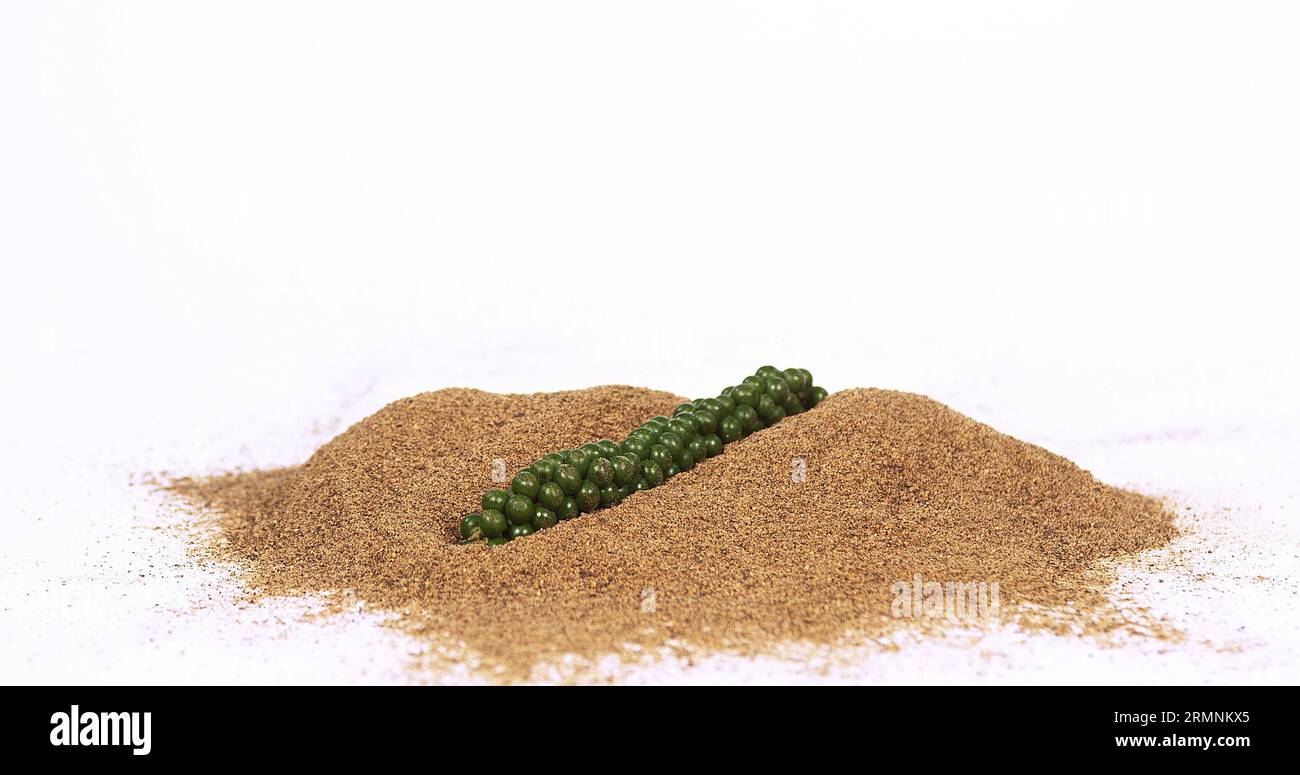 Fresh green pepper, piper nigrum, spice falling in pepper ground on ...