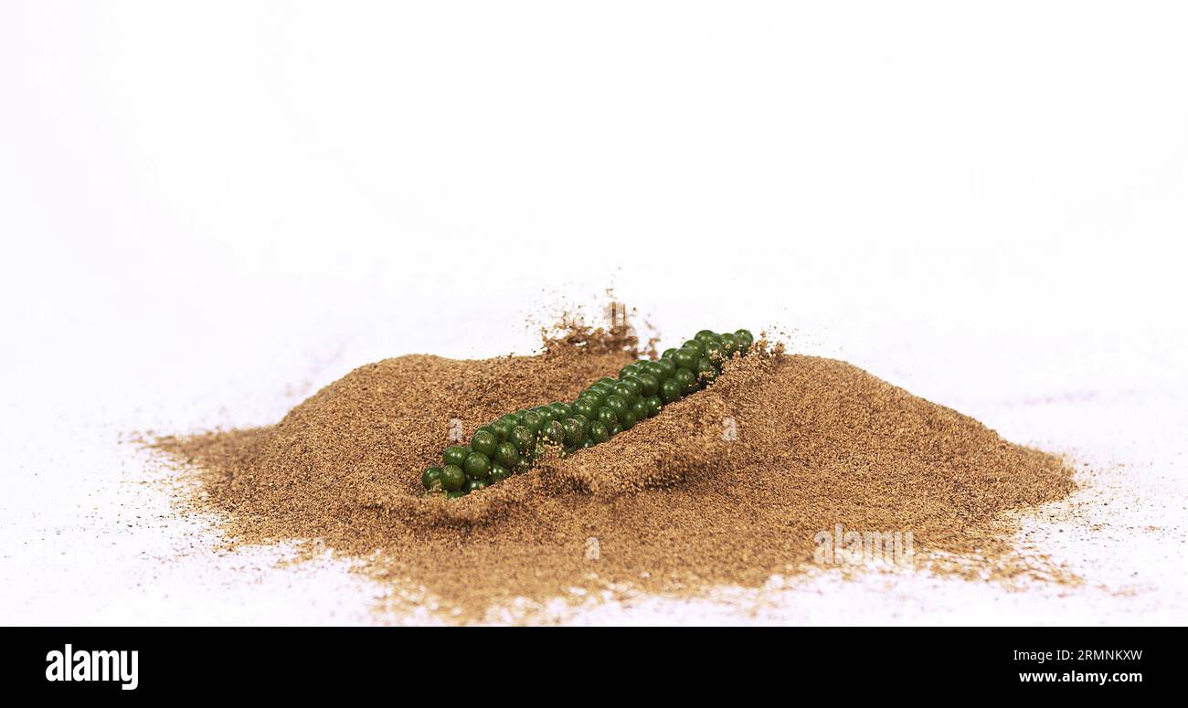 Fresh green pepper, piper nigrum, spice falling in pepper ground on ...