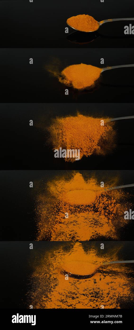 Turmeric, curcuma longa, Powder falling on Spoon against Black ...