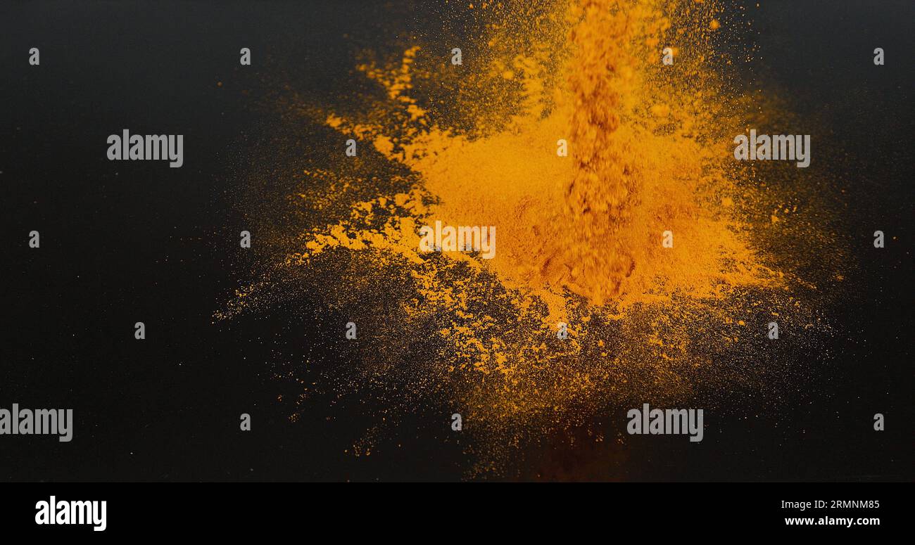 Turmeric, curcuma longa, Powder falling against Black Background ...