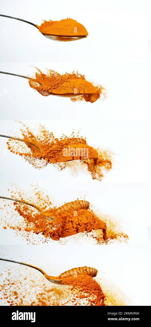 Turmeric, curcuma longa, Root falling on curcuma Powder, Indian Spice ...