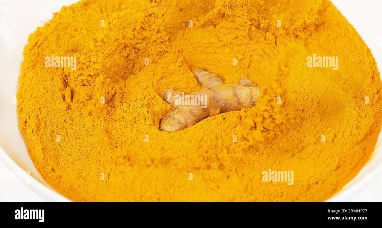 Turmeric, curcuma longa, Root falling on curcuma Powder, Indian Spice ...