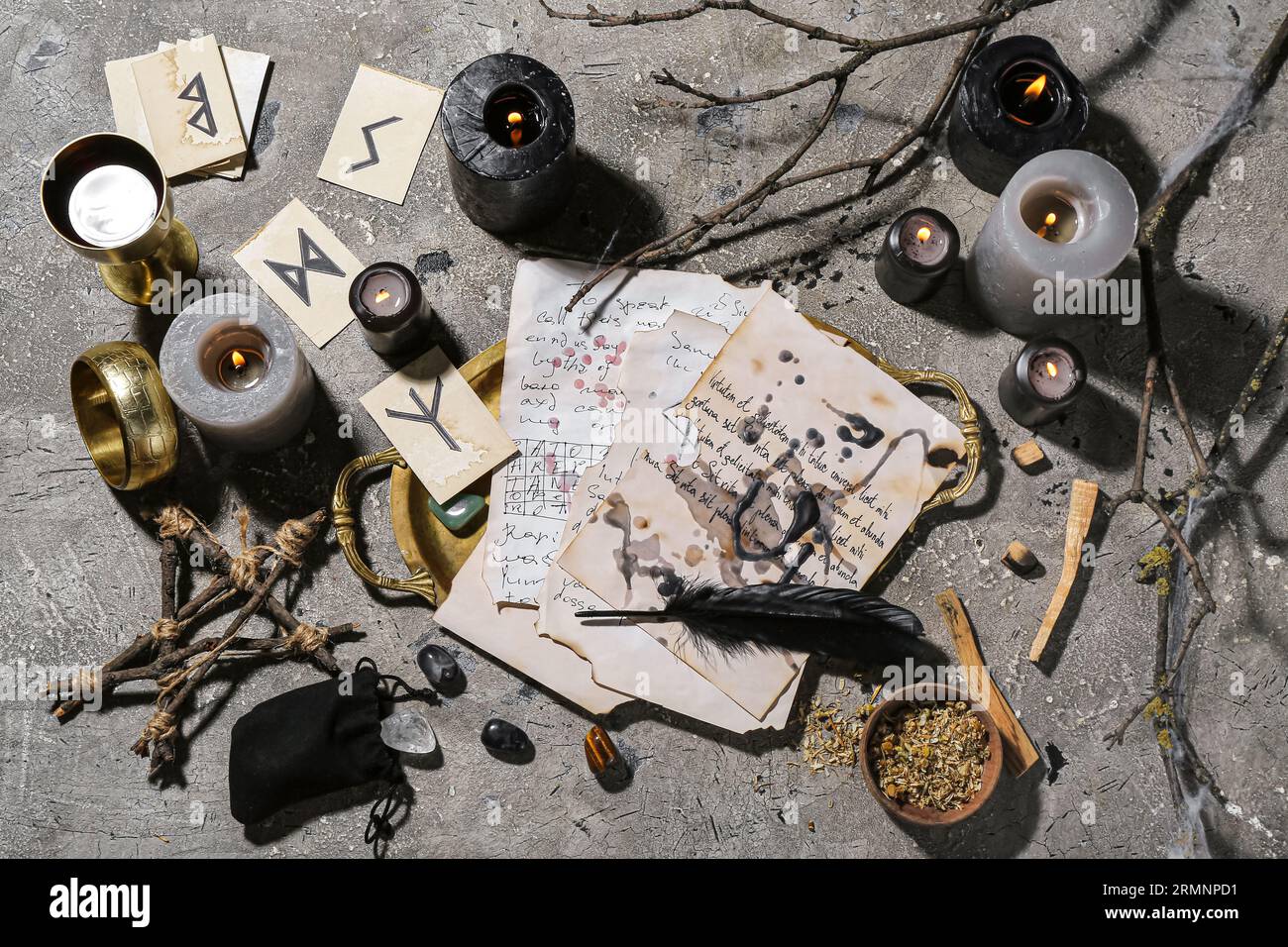 Witch's magic attributes with spell book on grunge background Stock ...