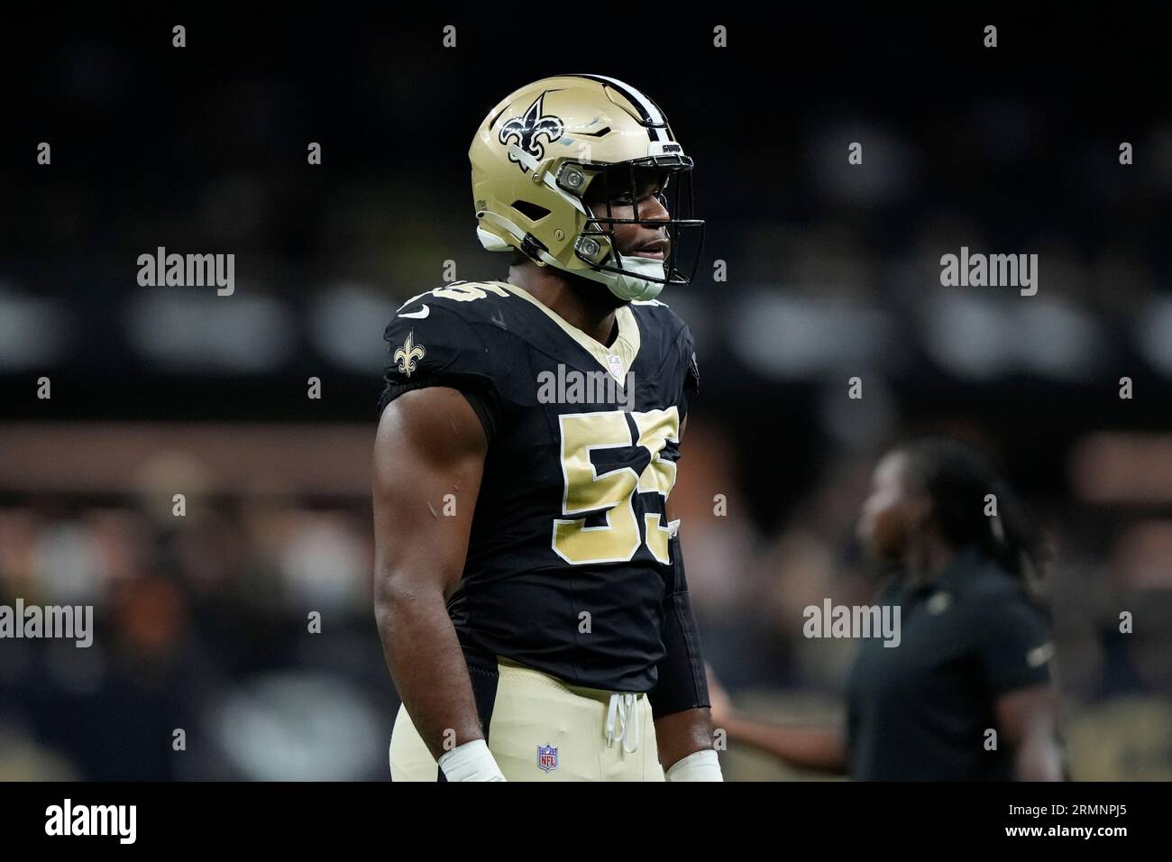 New Orleans Saints defensive end Isaiah Foskey (55) waits between plays ...