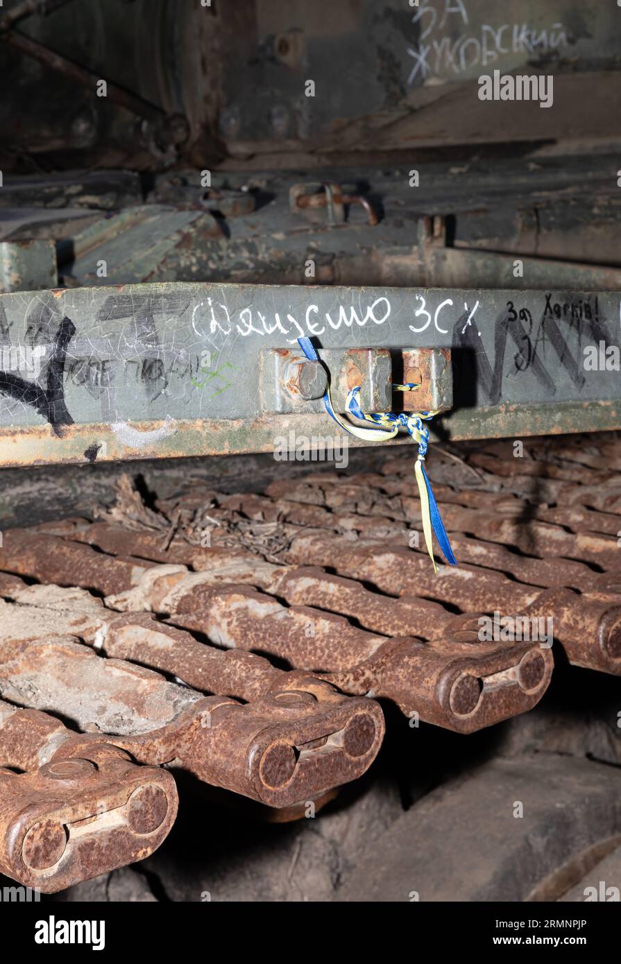 Kyiv, Ukraine. 24th Aug, 2023. Inscription on the armour of a destroyed ...