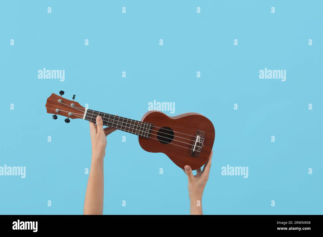 Female hands holding ukulele on blue background Stock Photo - Alamy
