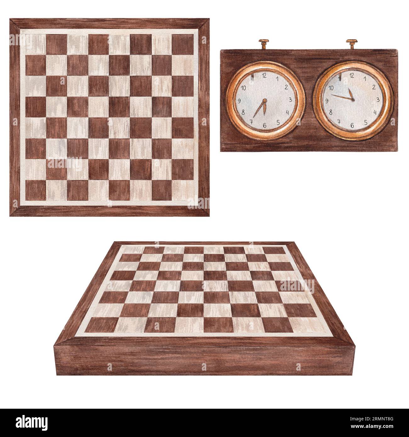 Set of chess board and chess clock. Watercolor hand drawn illustration ...