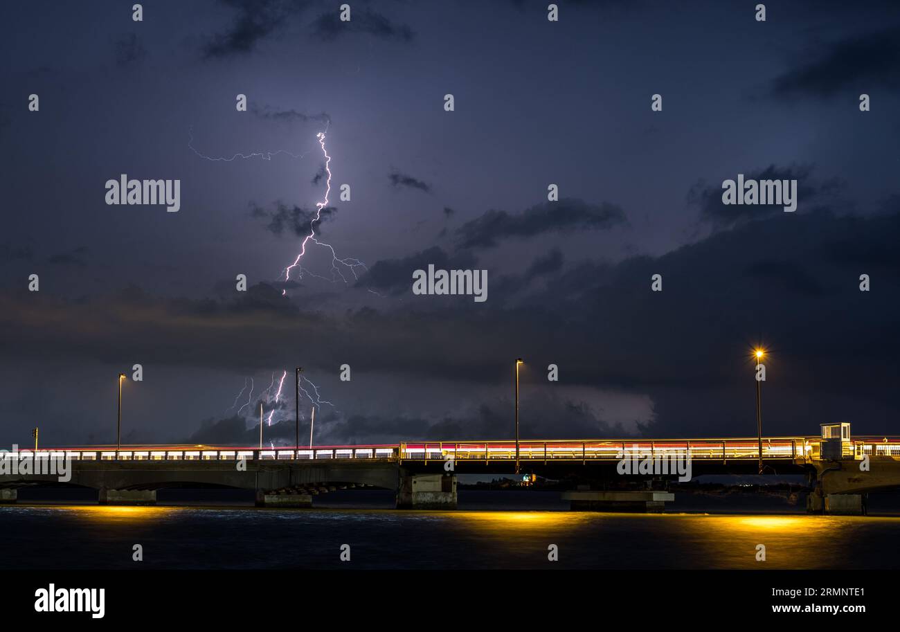 Sky during a bad storm with thunder and lightning over the sea. Shot of ...
