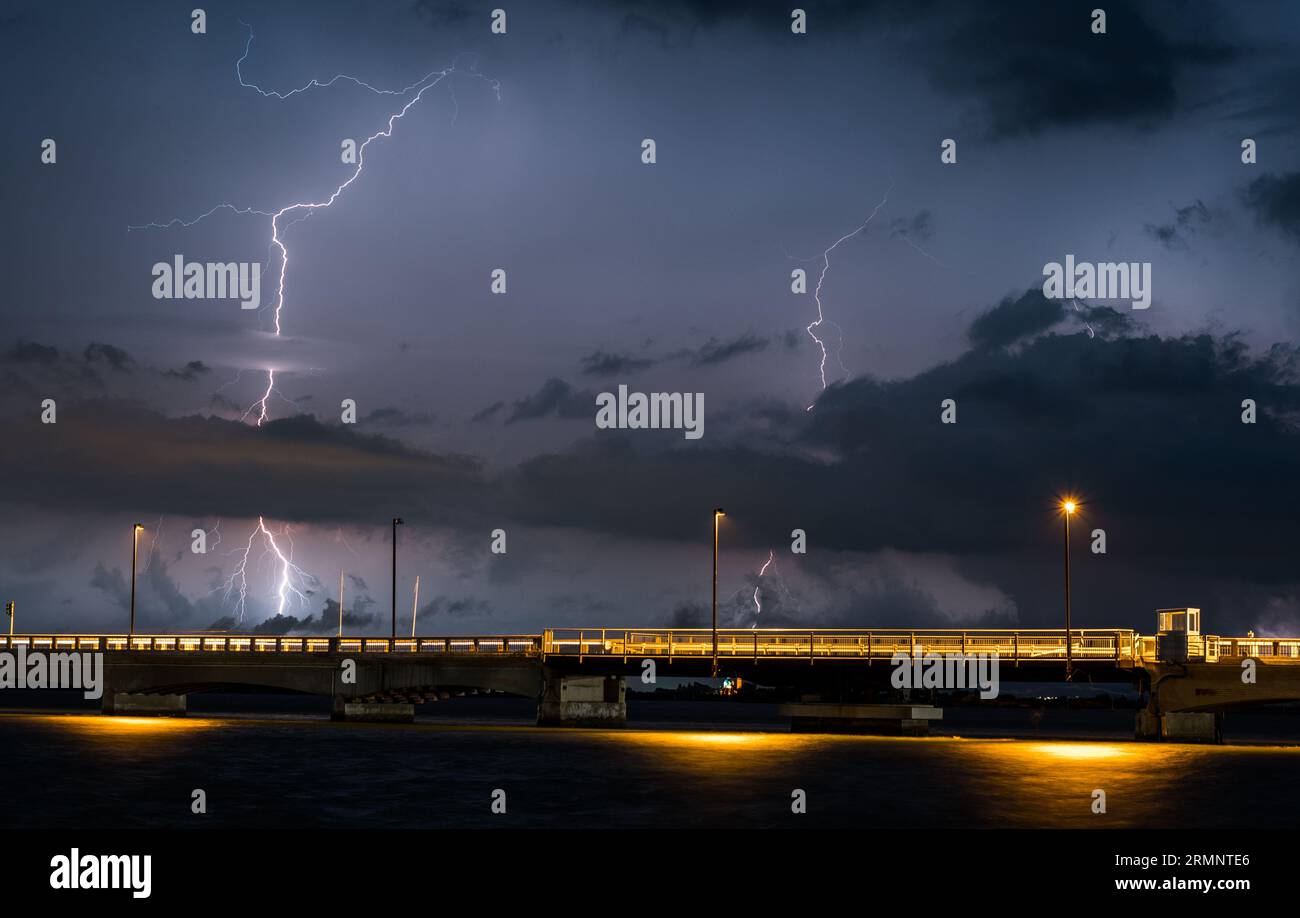 Sky during a bad storm with thunder and lightning over the sea. Shot of ...