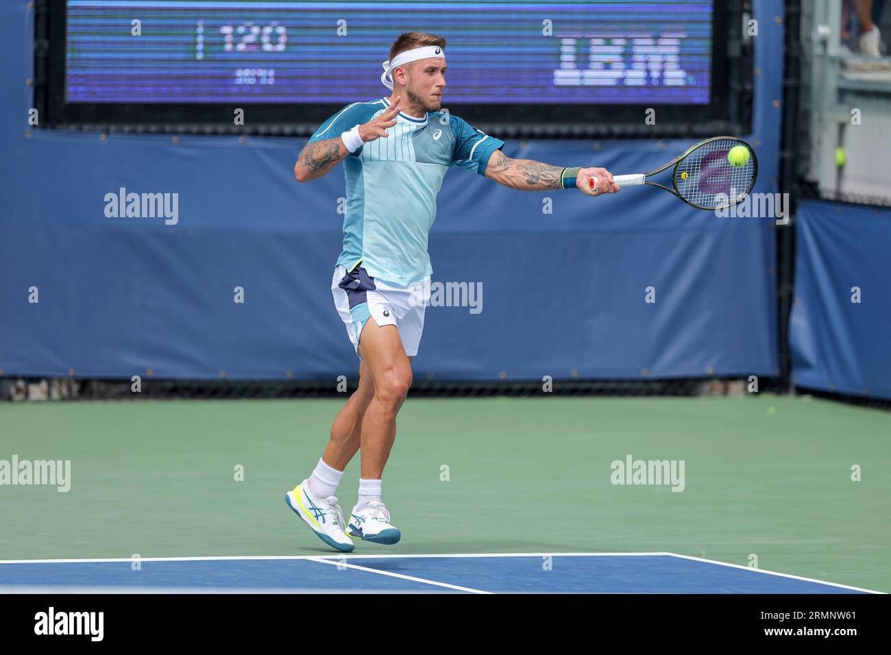 Alex Molcan in action during a men's singles match at the 2023 US Open, Tuesday, Aug. 29, 2023 ...