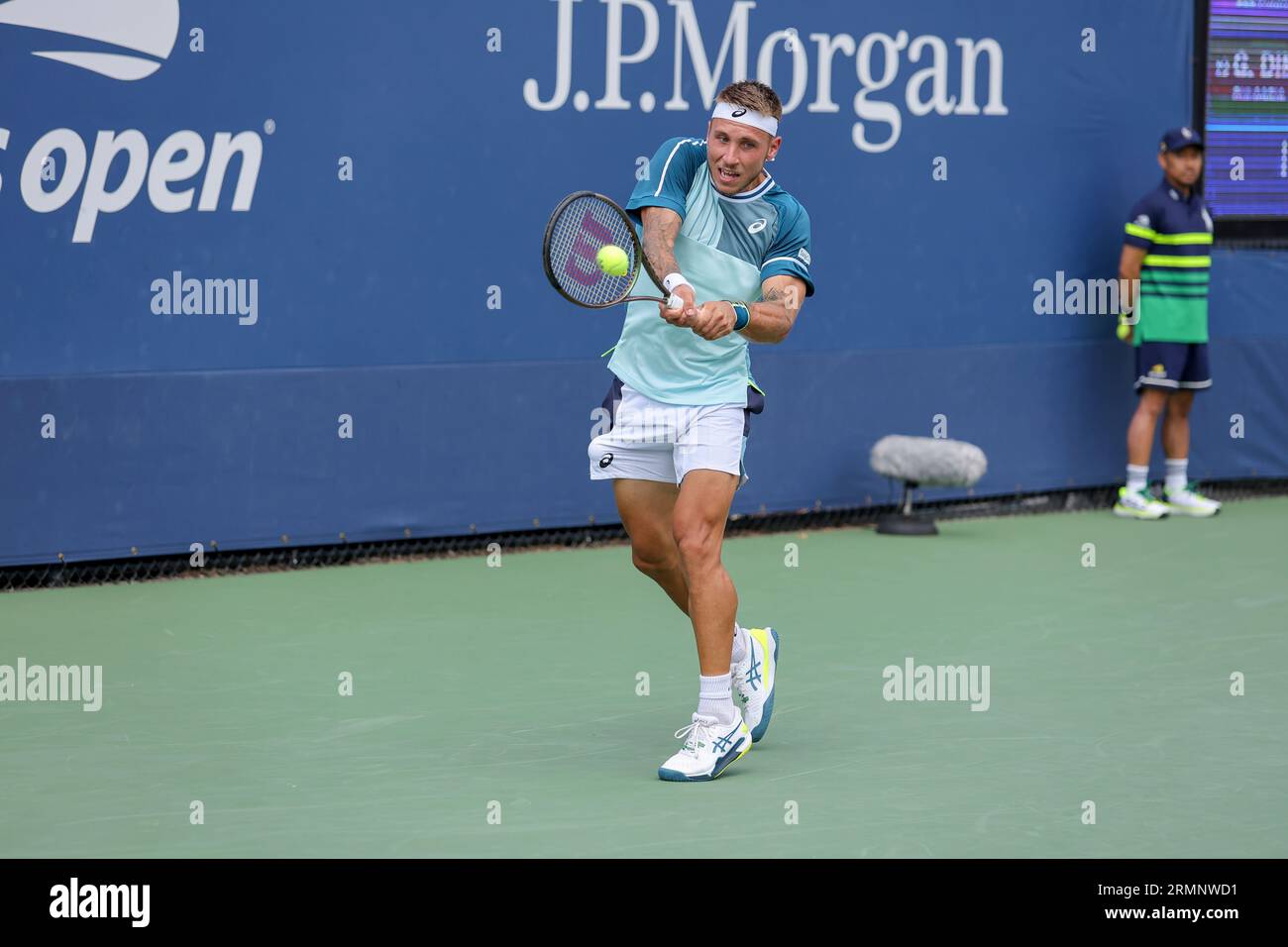 Alex Molcan in action during a men's singles match at the 2023 US Open, Tuesday, Aug. 29, 2023 ...