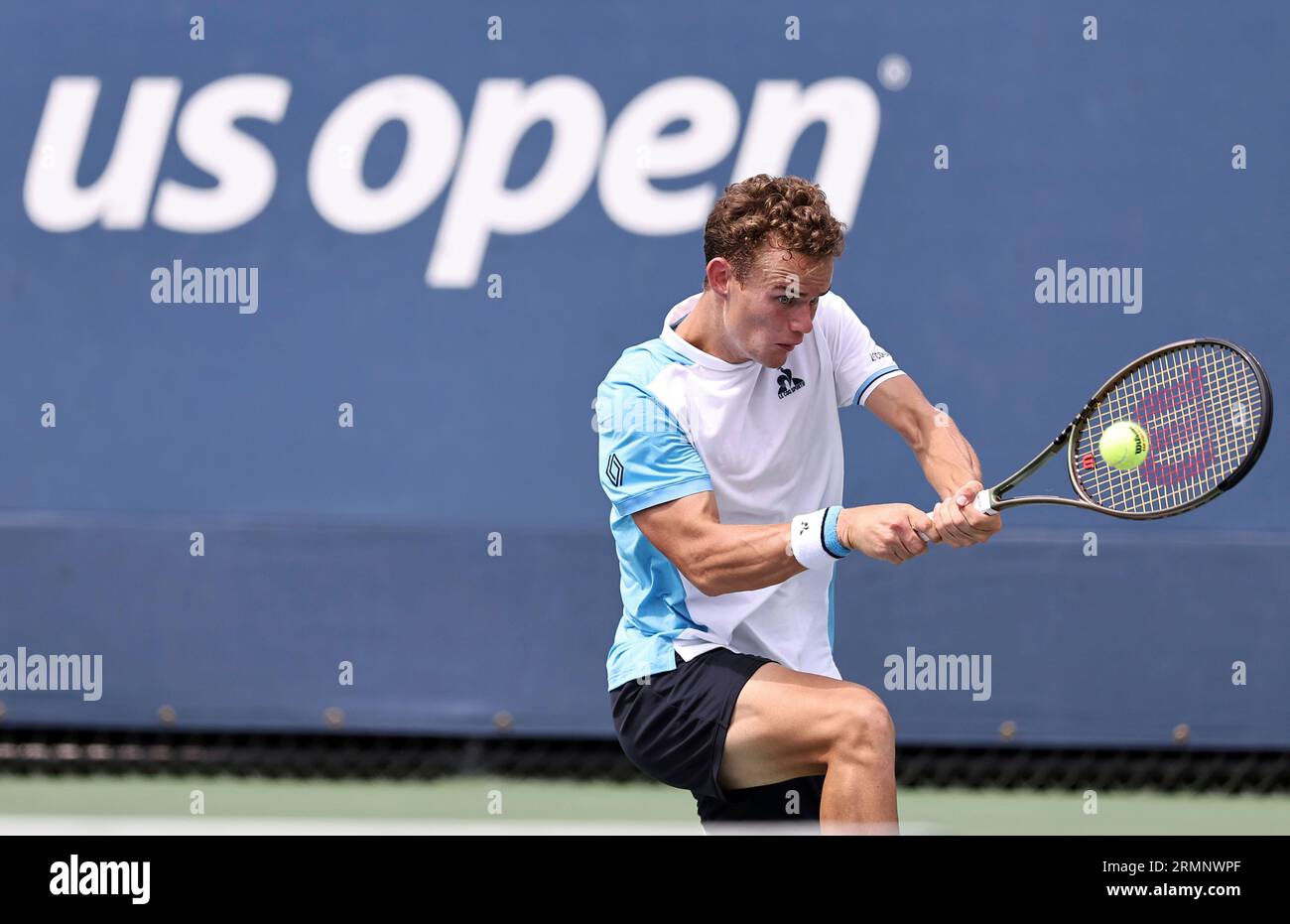 Luca Van Assche in action during a men's singles match at the 2023 US Open, Tuesday, Aug. 29 ...