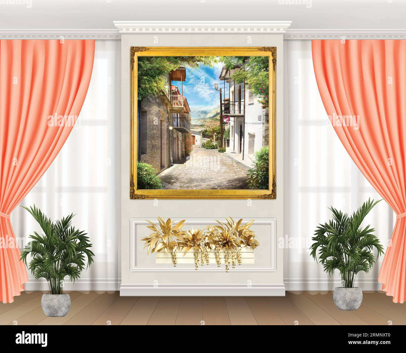 3d window street view in nature wiyh curtain and bricks wallpaper Stock ...