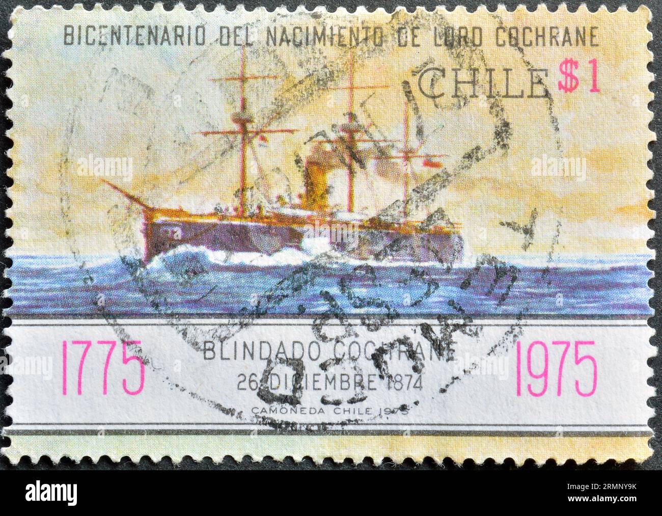 Cancelled postage stamp printed by Chile, that shows Cruiser Cochrane ...
