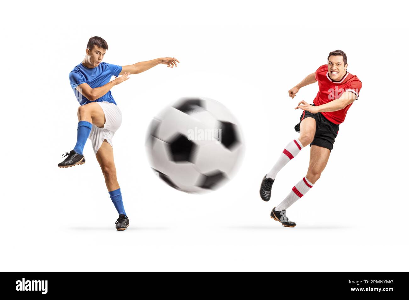 Football players from different teams running towards a ball isolated ...