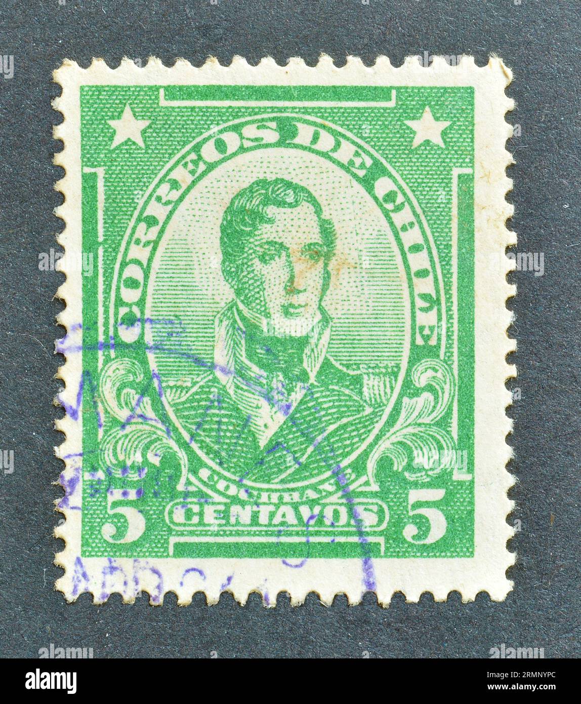 Cancelled postage stamp printed by Chile, that shows Thomas Cochrane ...