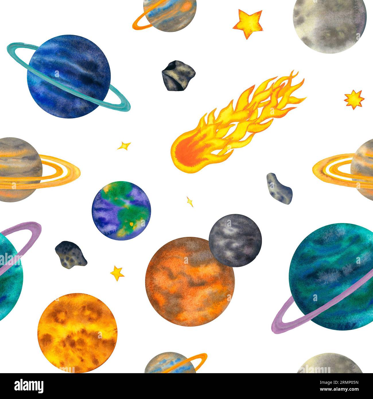 Watercolor seamless pattern with planets of the solar system mercury ...