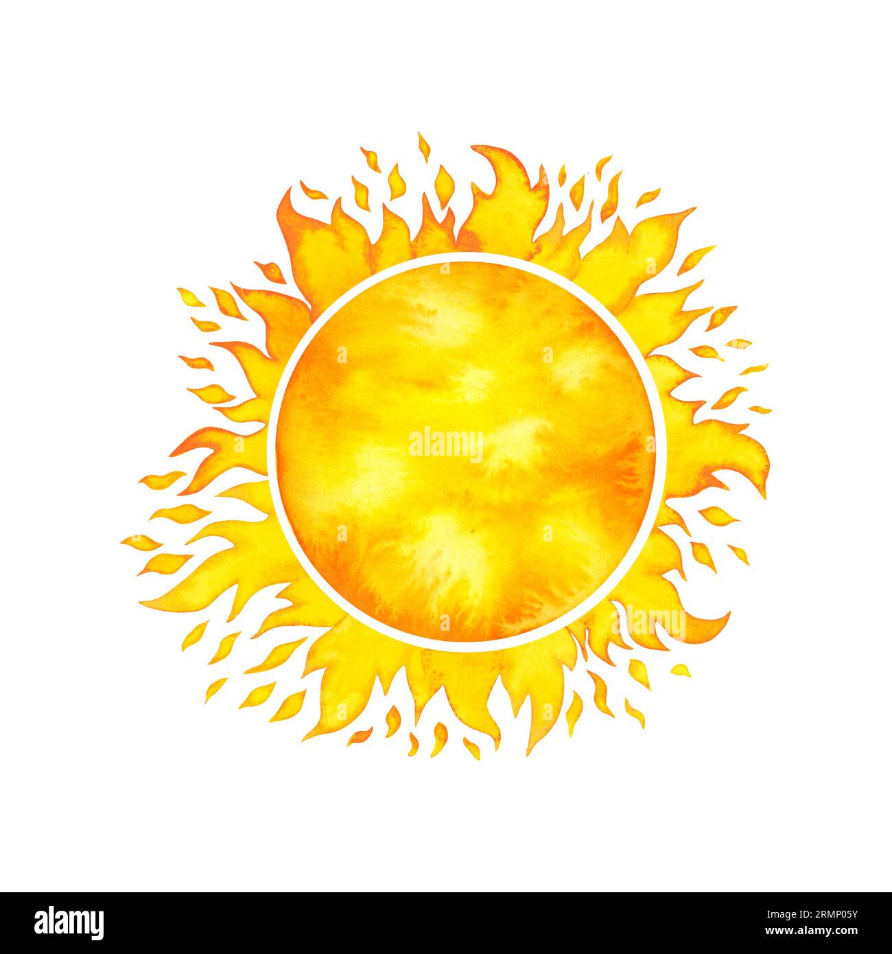 Yellow and orange bright Sun with rays watercolour illustration hand ...