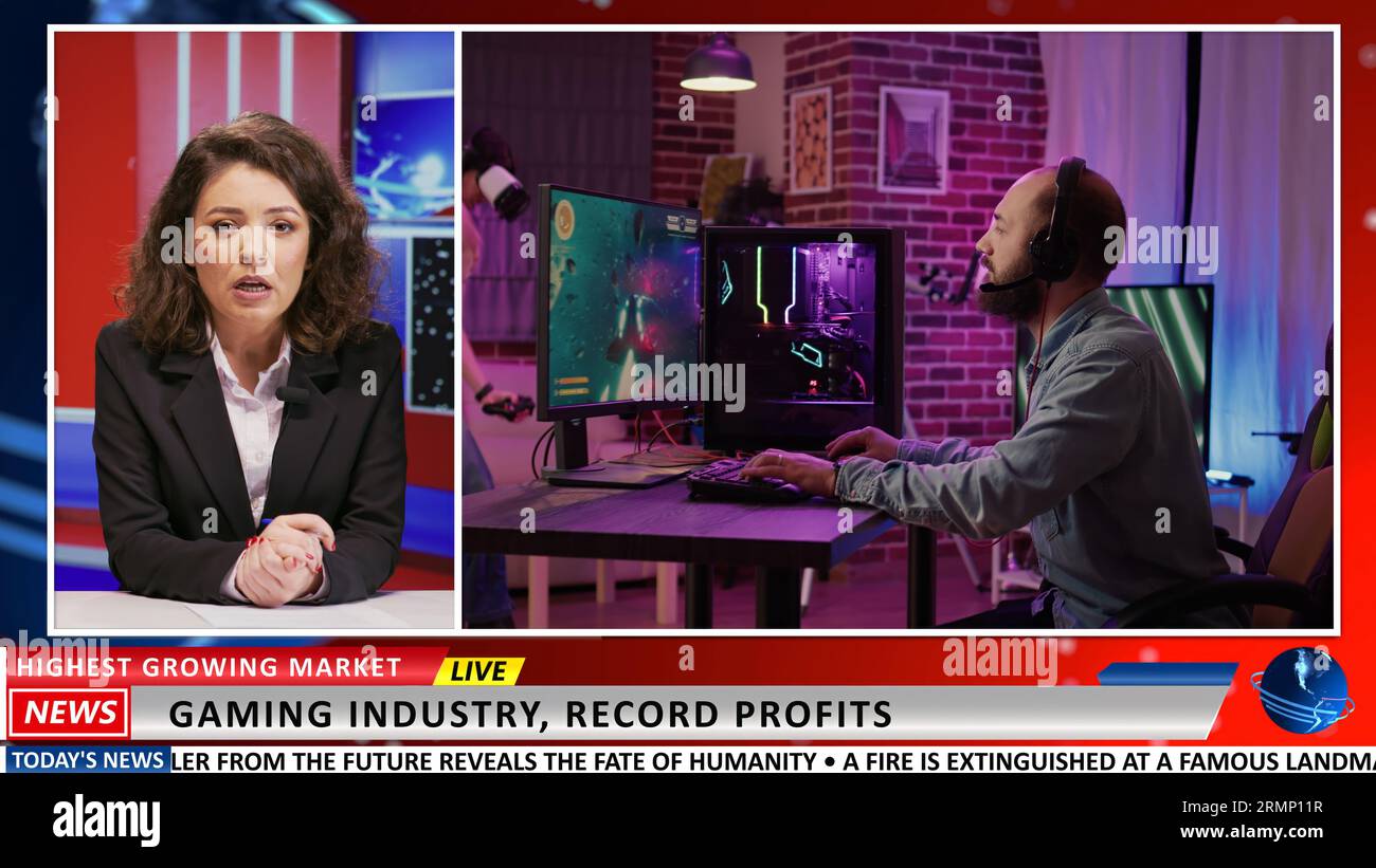 Media reporter presents gaming industry growth in newsroom on ...