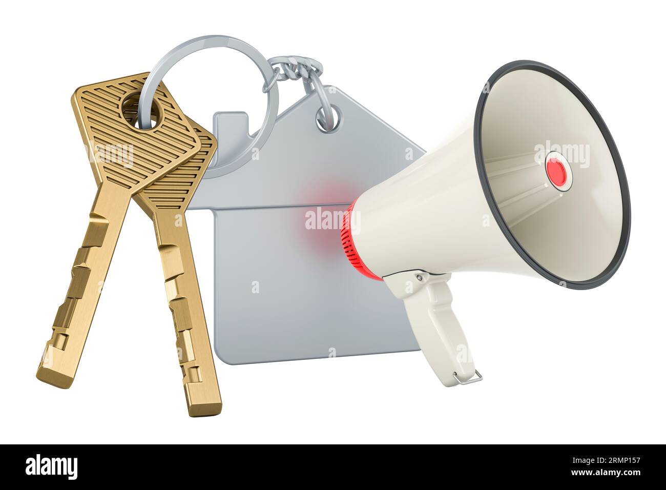 Home key with keychain with megaphone. 3D rendering isolated on white ...