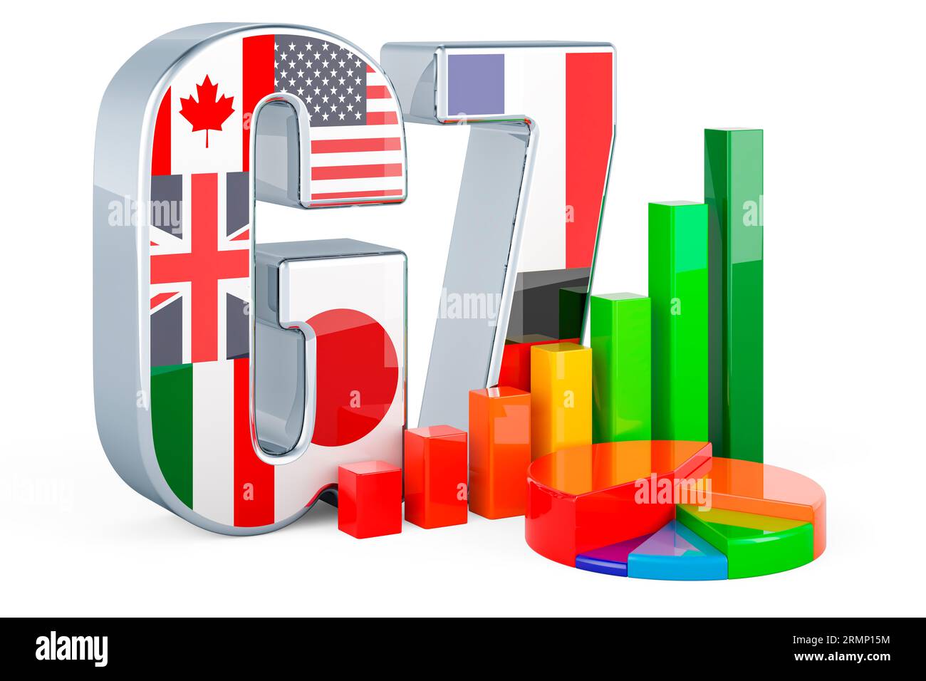G7 with growth bar graph and pie chart, 3D rendering isolated on white ...