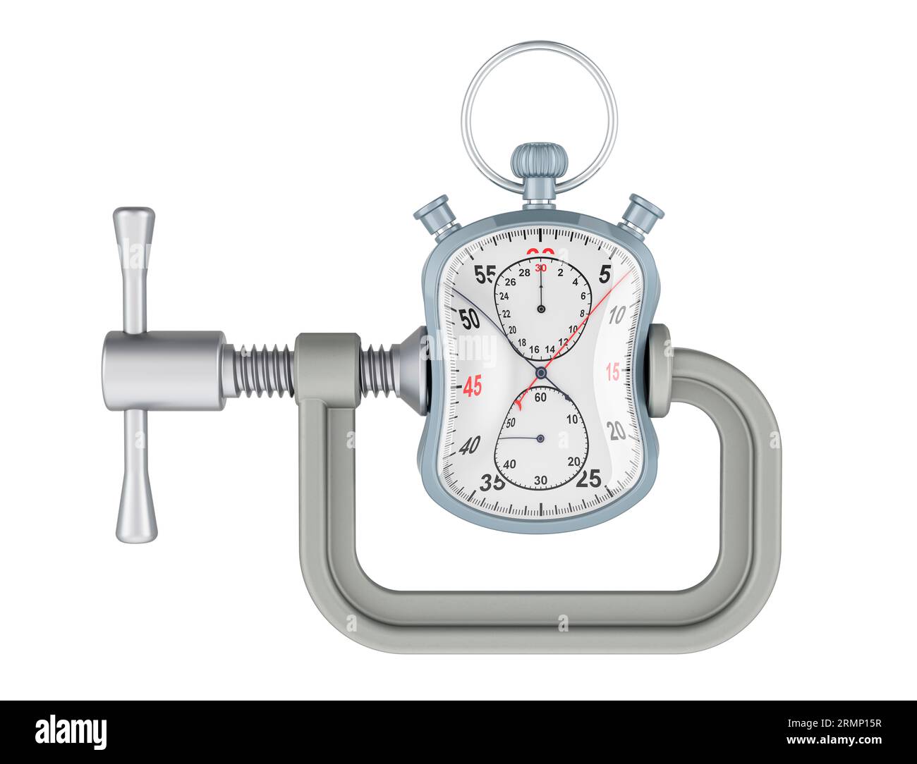 Stopwatch squeezed in a clamp concept, 3D rendering isolated on white ...