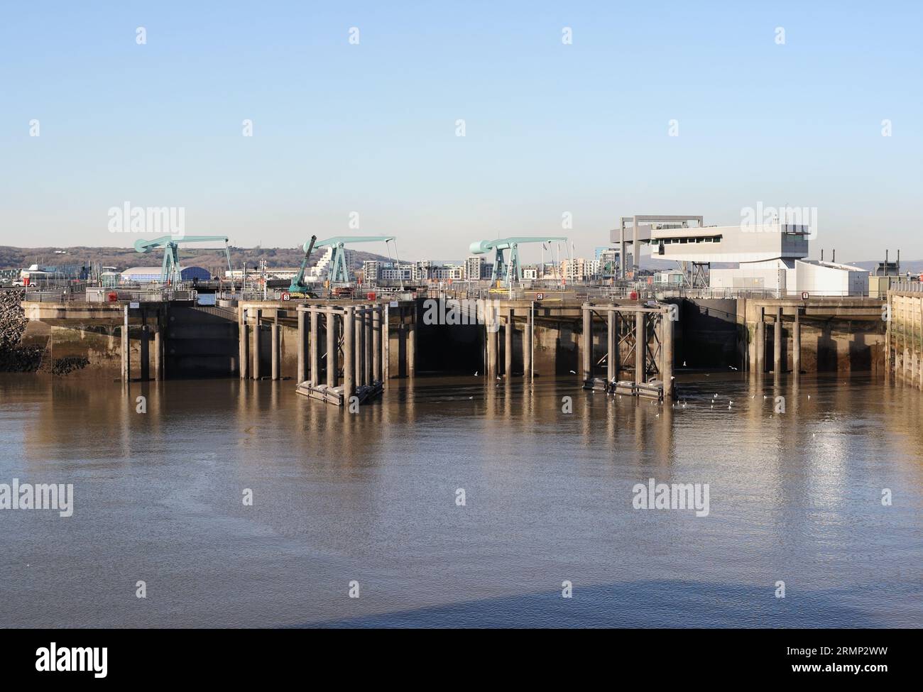 Cardiff bay barrage locks from the Barrage Pier Wales UK, Welsh ...