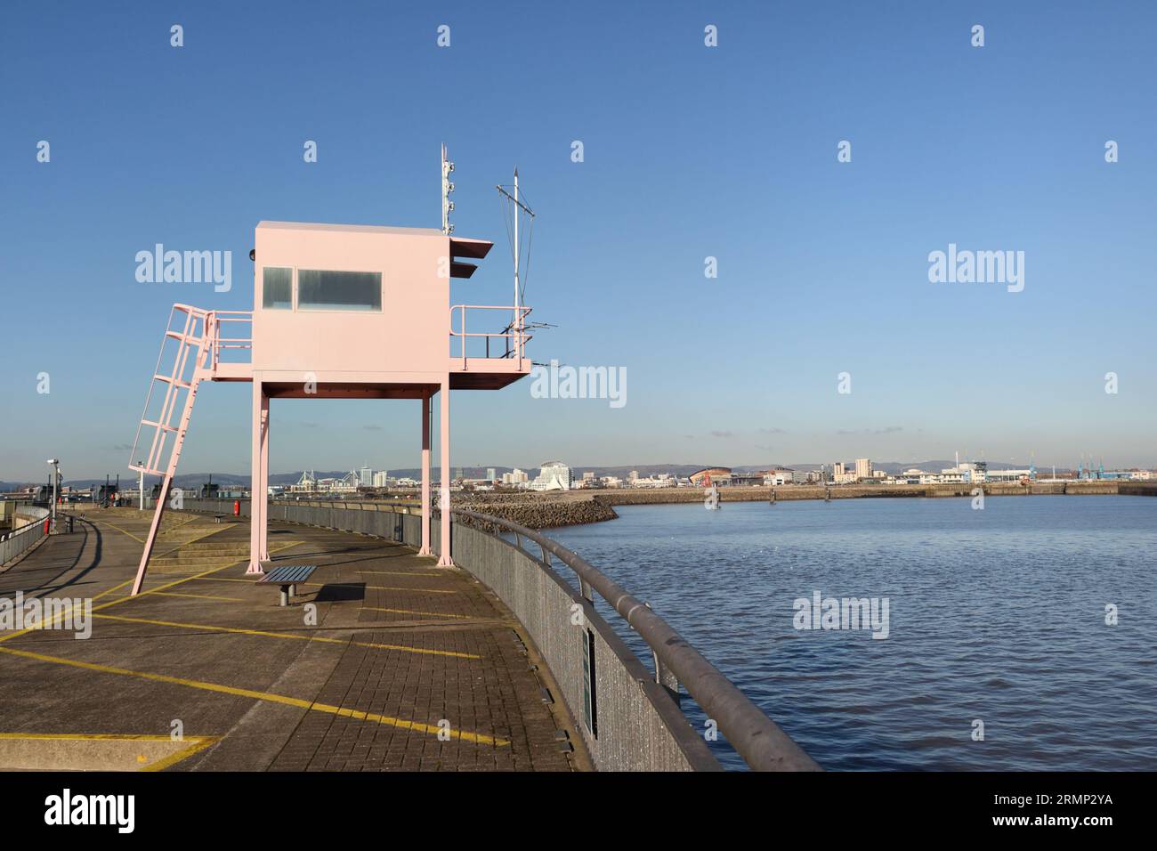 Cardiff Bay barrage, concrete structure, Wales UK Pink lookout tower ...
