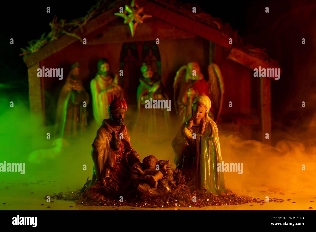 Traditional Christmas scene birth of Jesus. Nativity scene with figures ...
