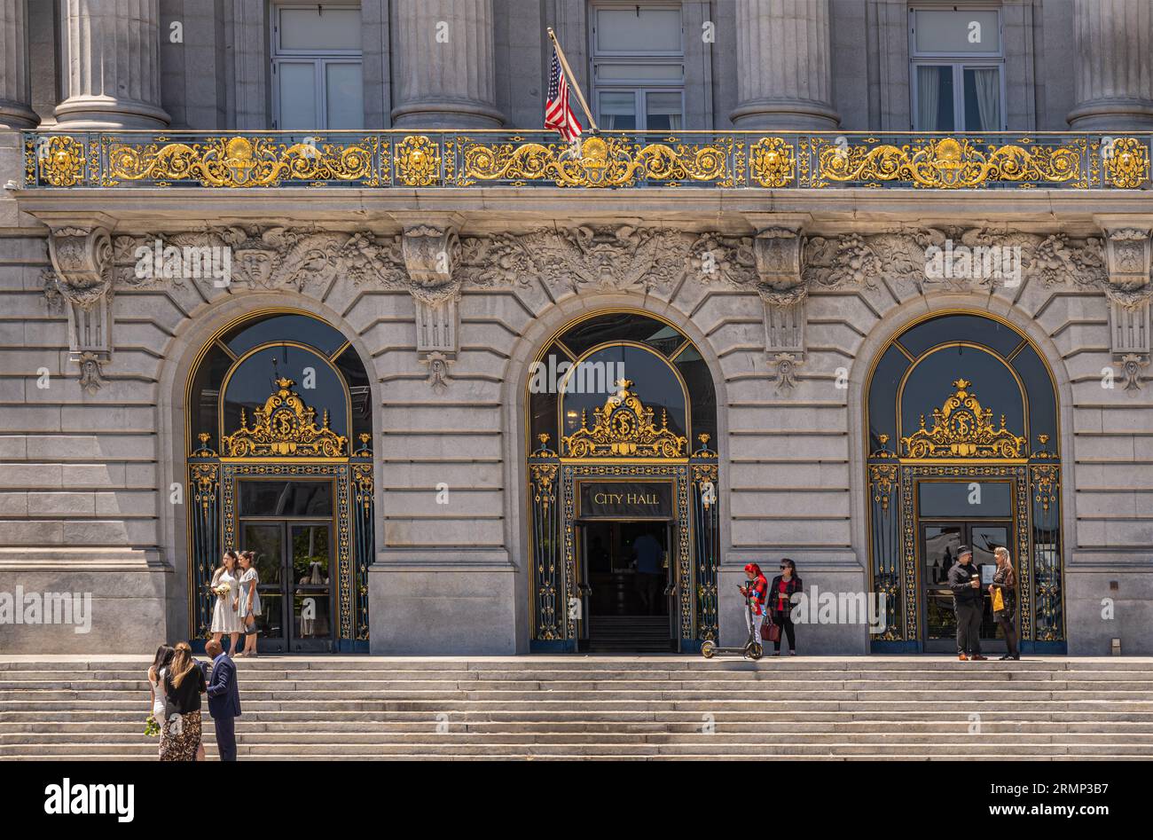 San Francisco, CA, USA - July 12, 2023: Gray stone City Hall east ...