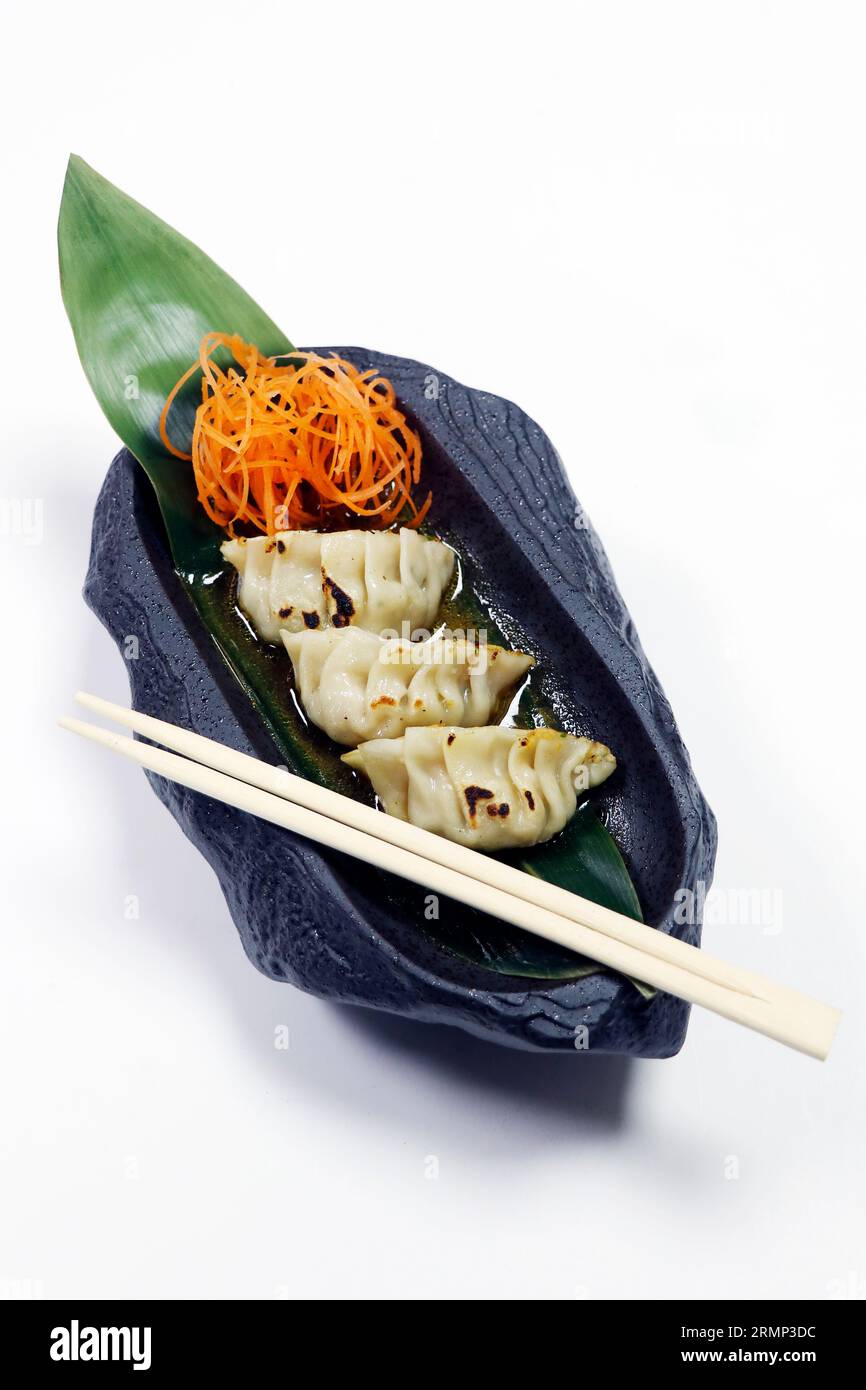 asiatic dumpling food, chicken and prawns stuffed gyoza with soy sauce ...