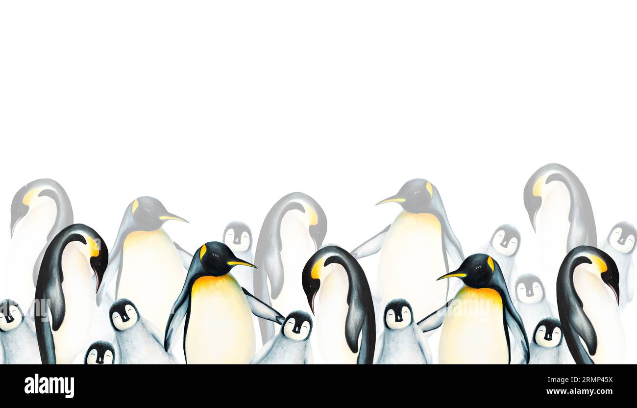 Watercolor seamless border with king penguin family isolated. Hand ...