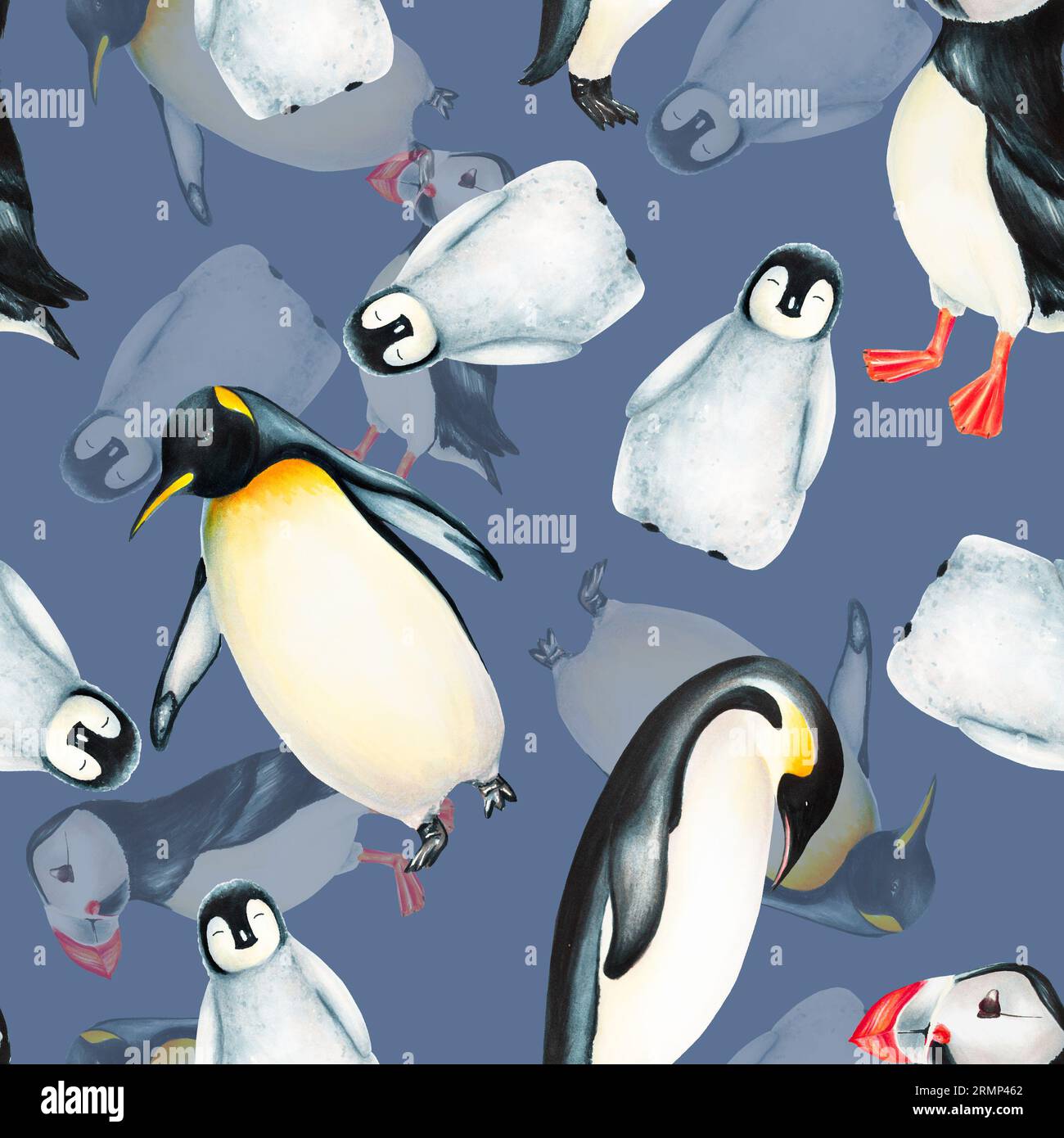 Watercolor seamless pattern with king penguins family and puffin bird ...