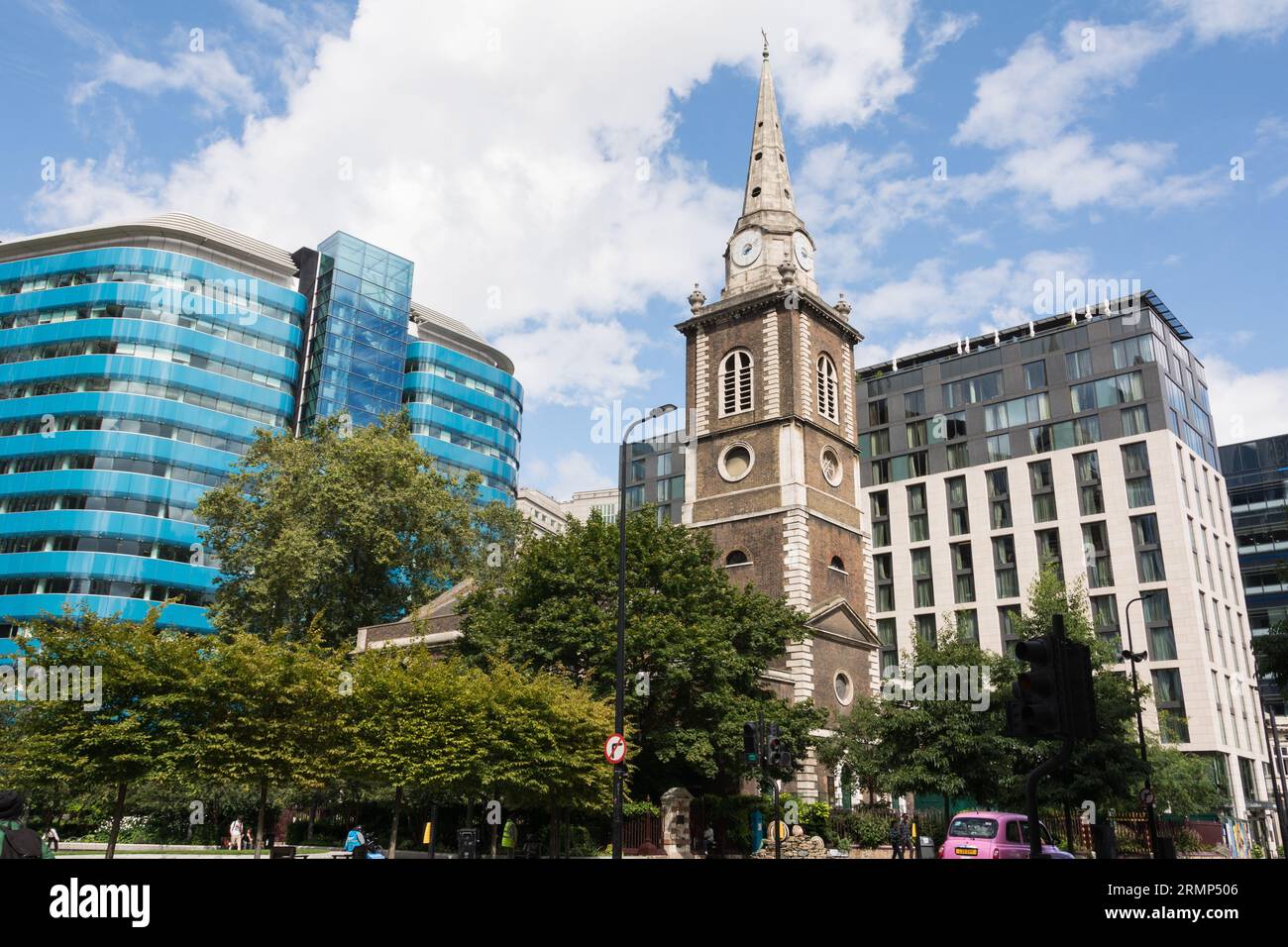 The church tower and spire of St Botolph Without Aldgate with the St ...