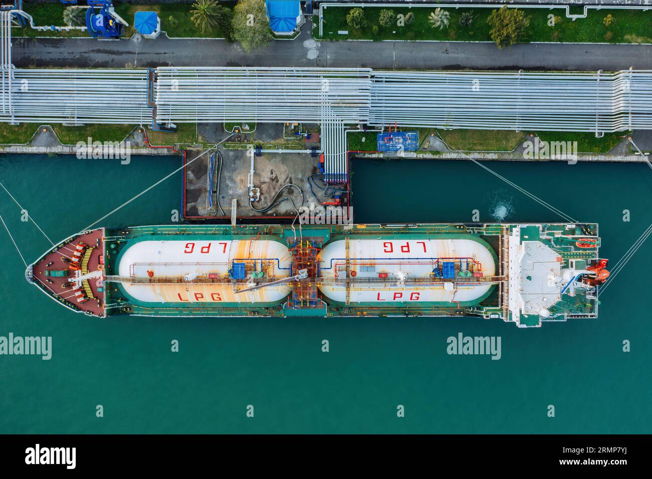 Ship tanker with LPG. Process of loading of tanker, drone aerial view ...