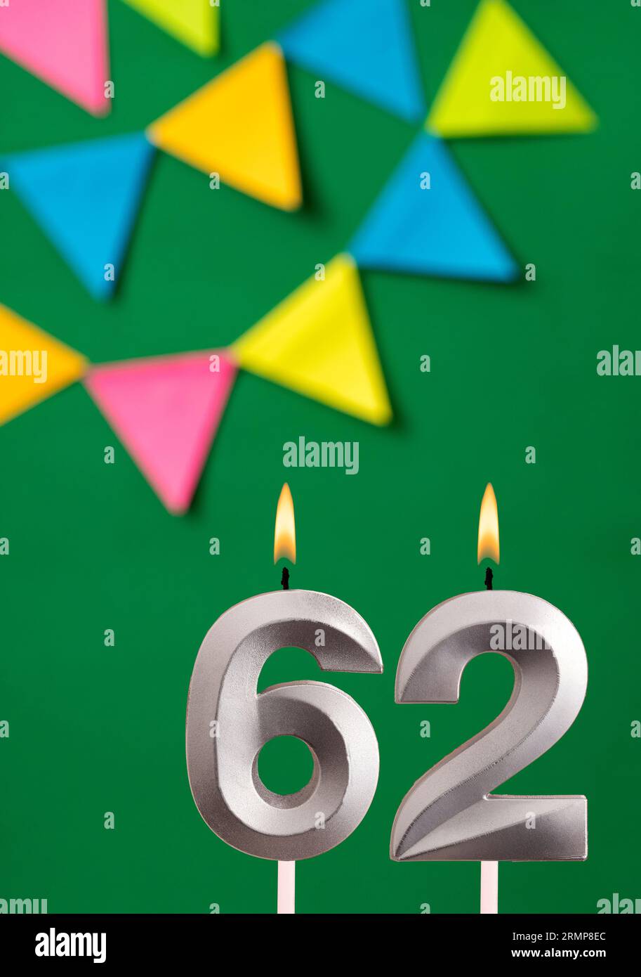 Vertical birthday card with number 62 candle - Green background with ...