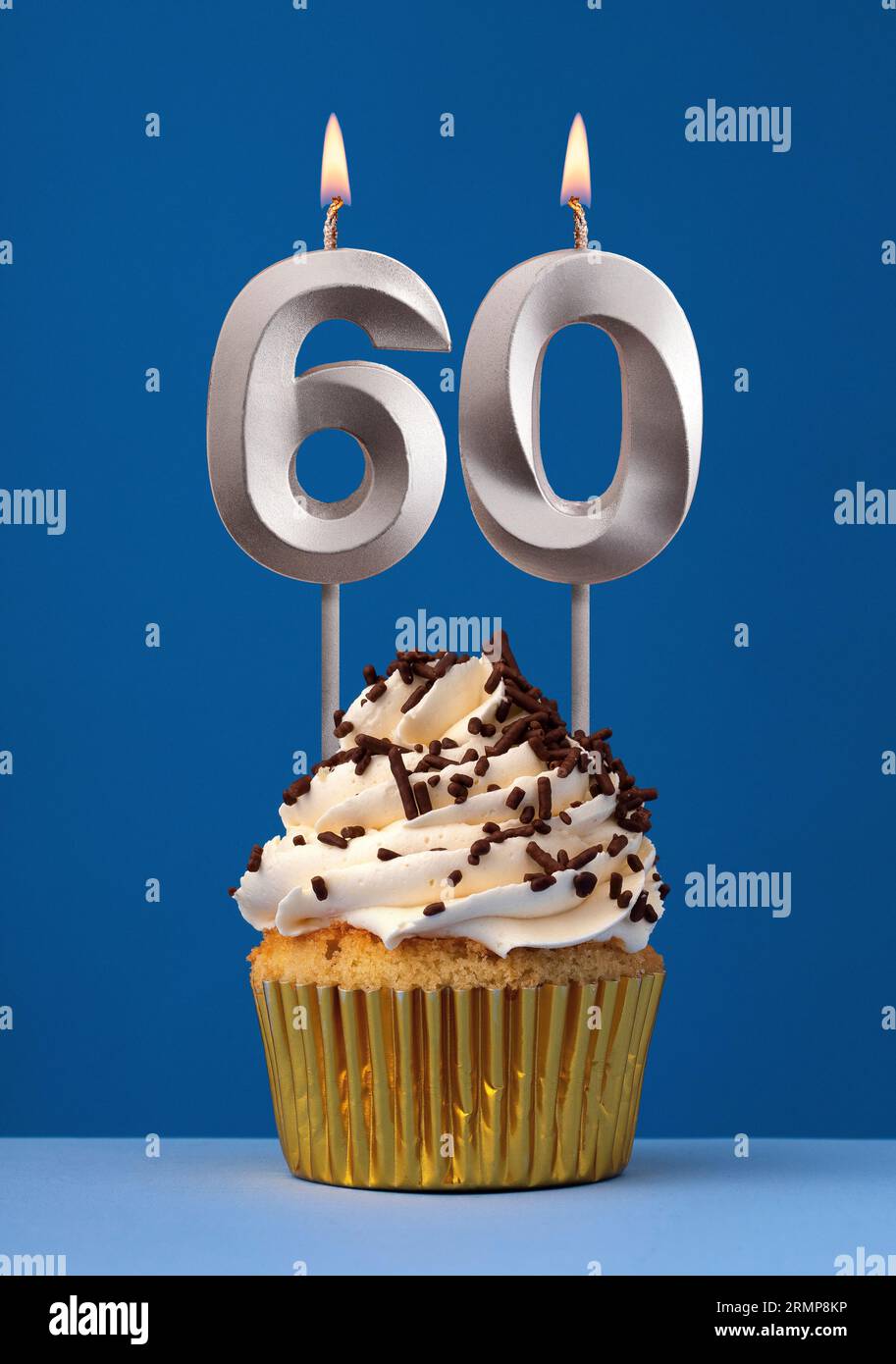 Vertical birthday card with cake - Lit candle number 60 on blue ...