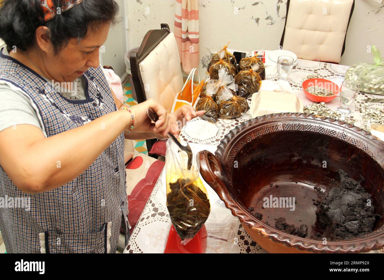 Latin Mexican adult woman prepares packages of freshly made red mole in ...
