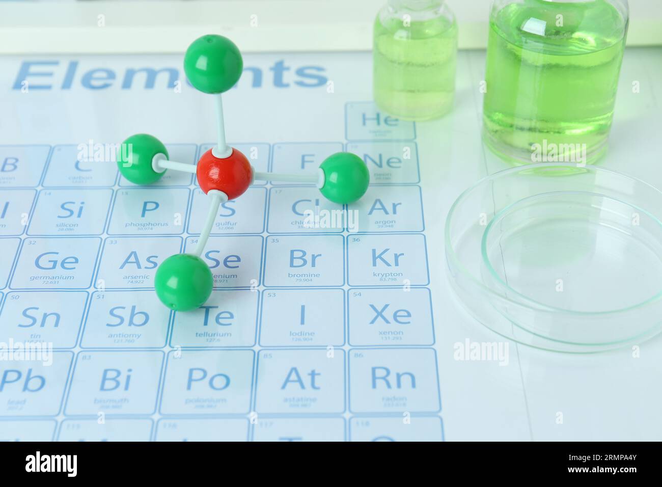 Molecular model and laboratory glassware on periodic table Stock Photo ...