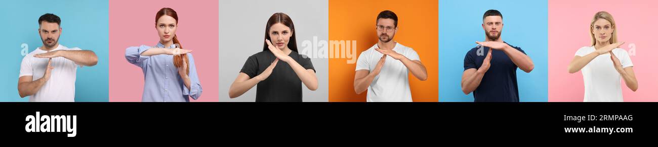People showing time out gesture on different color backgrounds. Collage ...