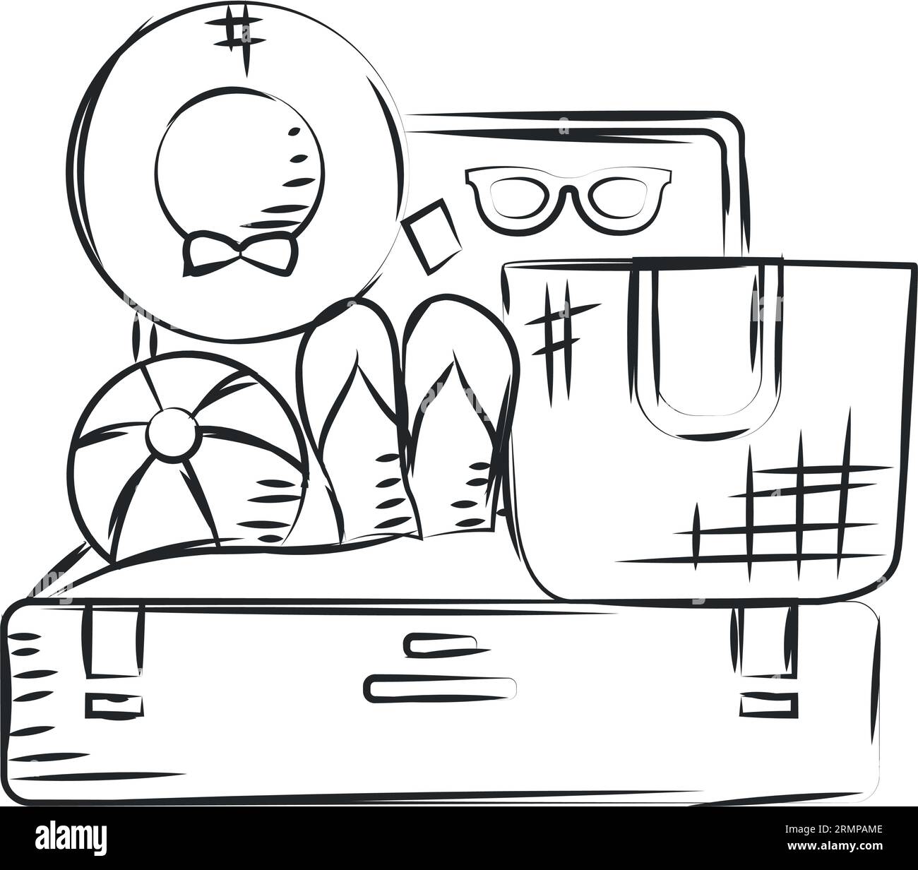 Sketch of an open travel bag with summer objects Vector Stock Vector ...