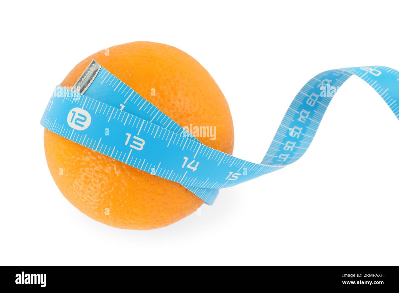 Cellulite problem. Orange with measuring tape isolated on white Stock ...