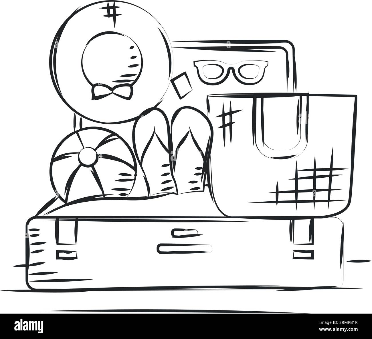 Sketch of an open travel bag with summer objects Vector Stock Vector ...