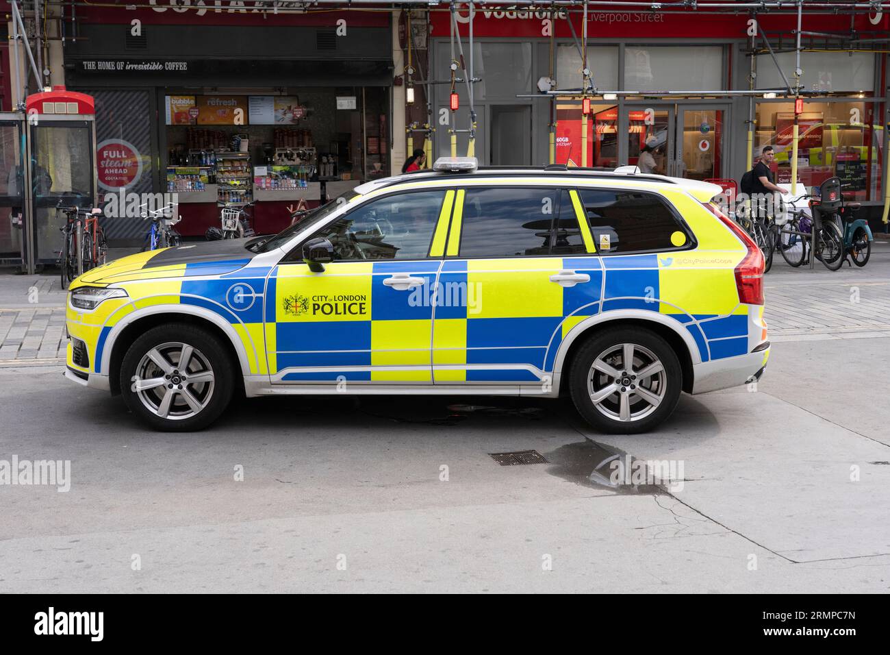 A police car parked outside Liverpool Street Station in London, part of ...